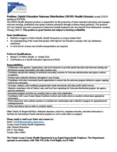 Opioid Education Naloxone Distribution (OEND) Health Educator | Toledo ...